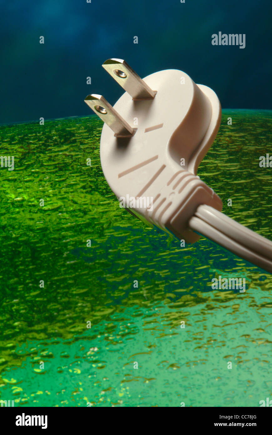 Polarized flat 2 prong electrical plug on green and blue landscape ...