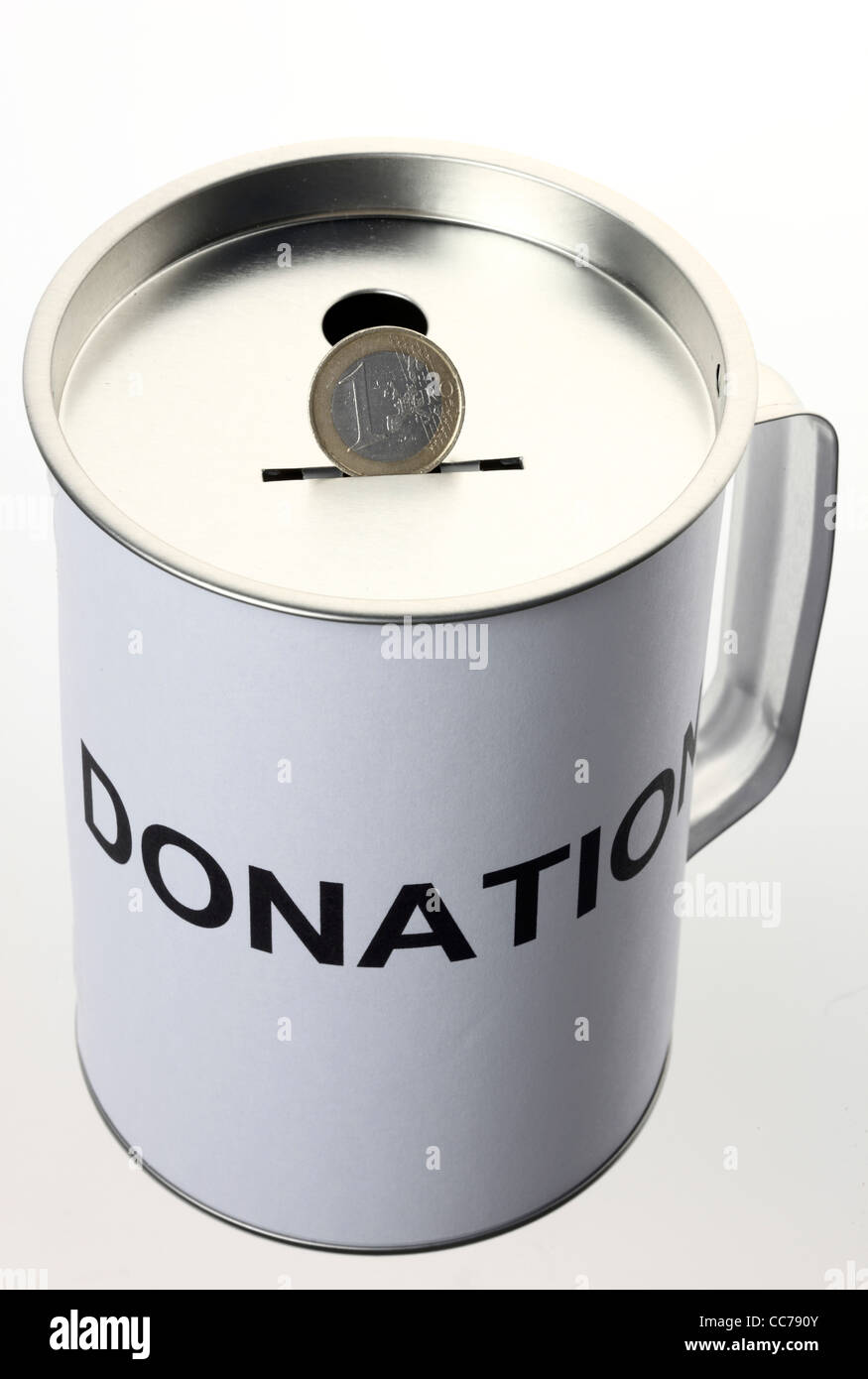 Donation can. Collecting money, for charity Stock Photo - Alamy
