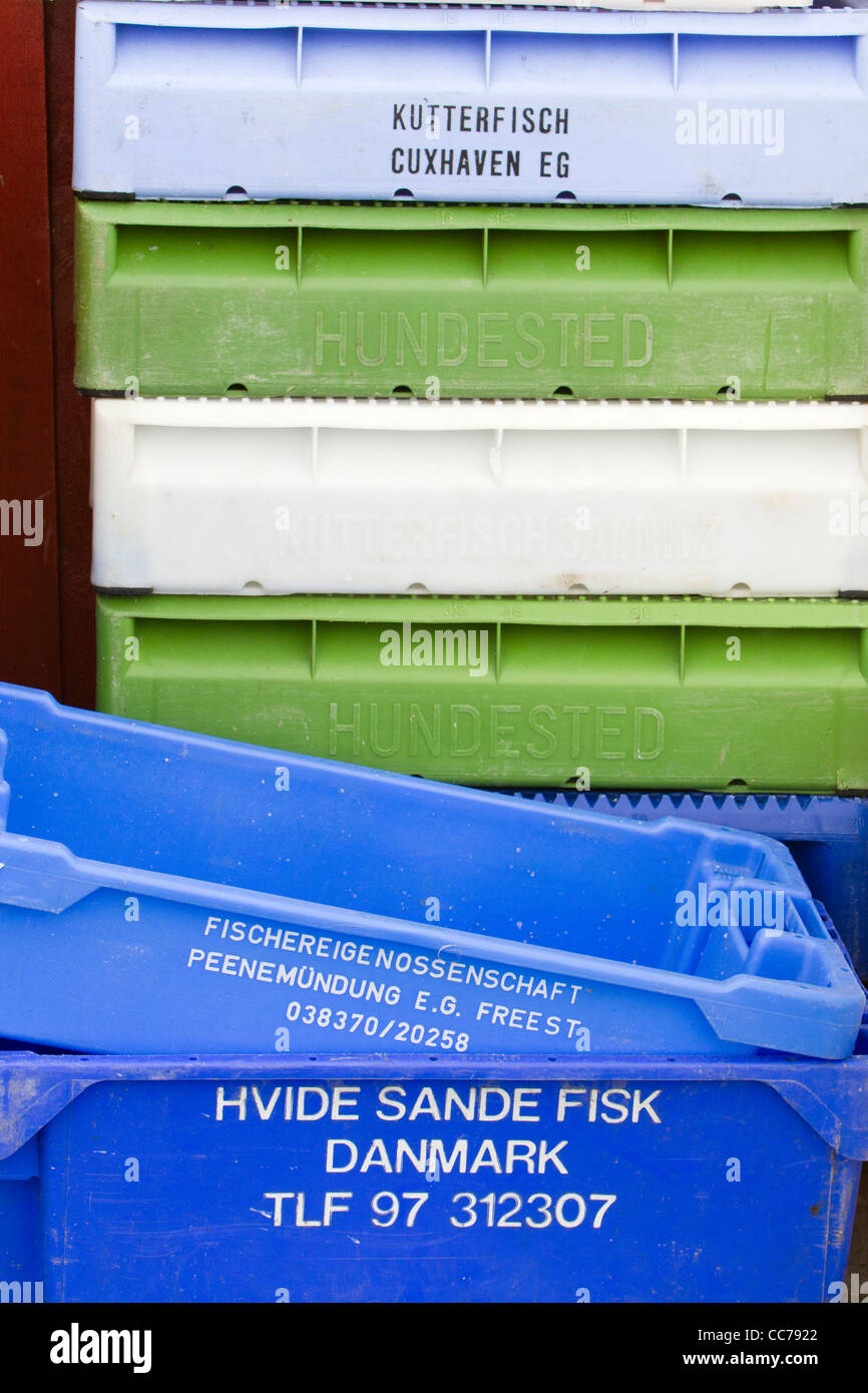 Fish Boxes, stacked in harbour Gilleleje, Sjaelland, Denmark Stock ...