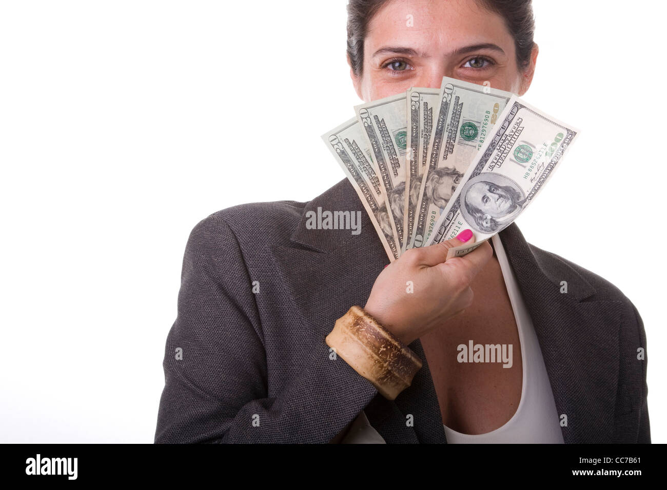 shy businesswoman showing the money she win Stock Photo - Alamy