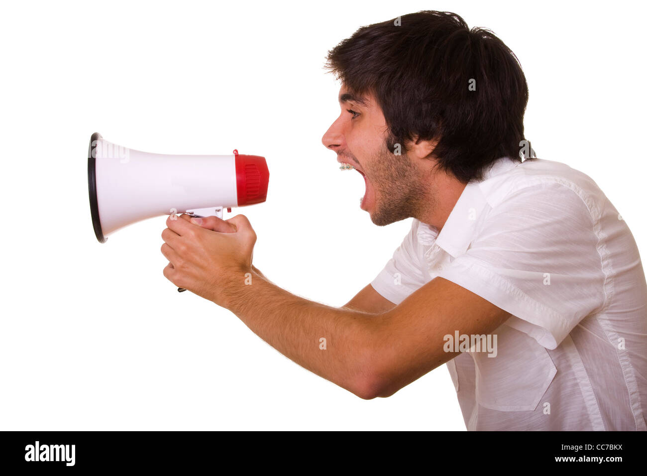 young men shouting at the megaphone (selective focus Stock Photo - Alamy