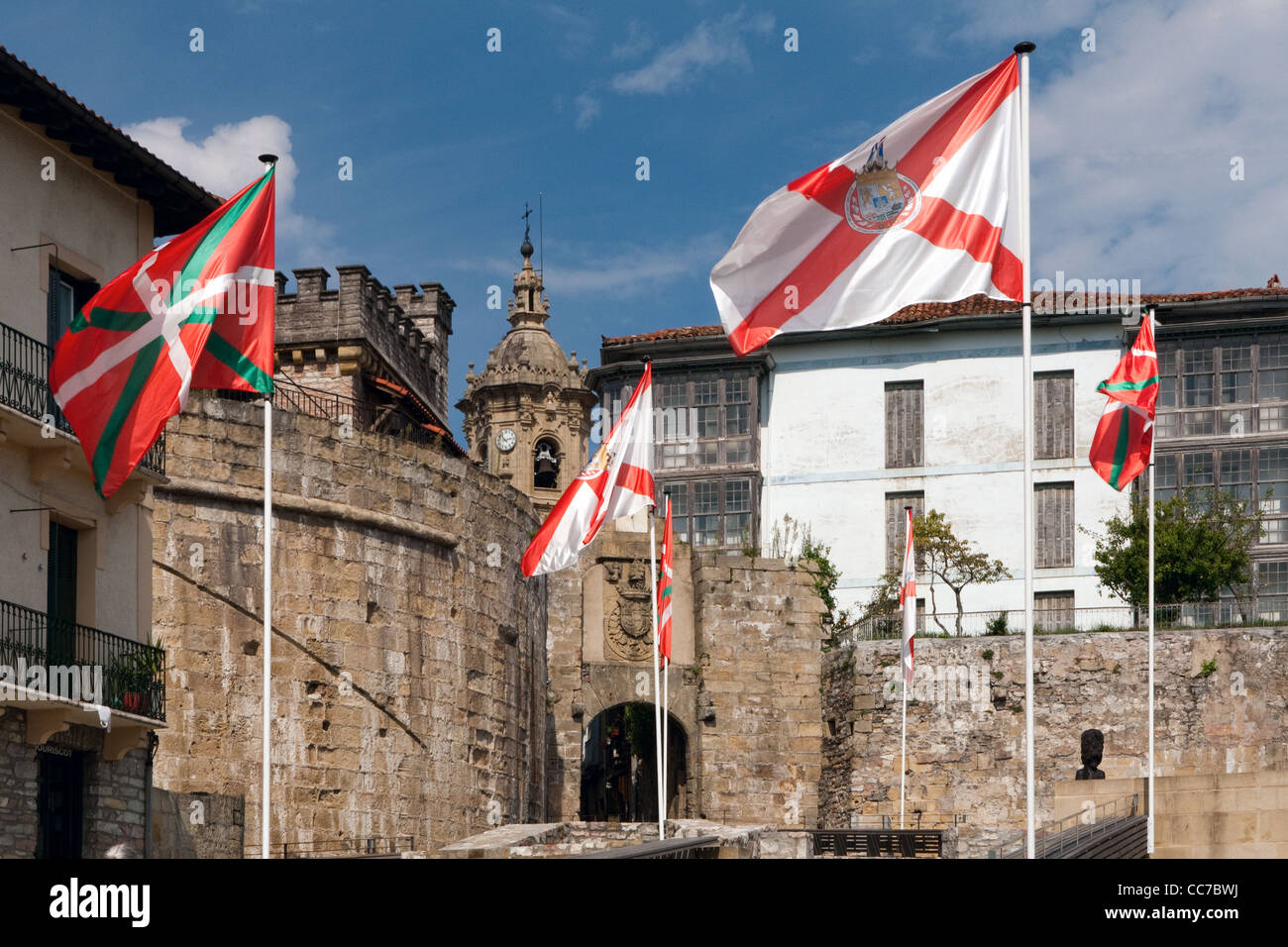 Basque Flags outside Iglesia parroquial de Santa Maria de la Asuncion y ...