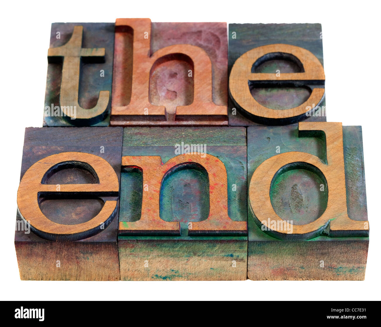 The end concept - words in vintage wooden letterpress printing blocks ...