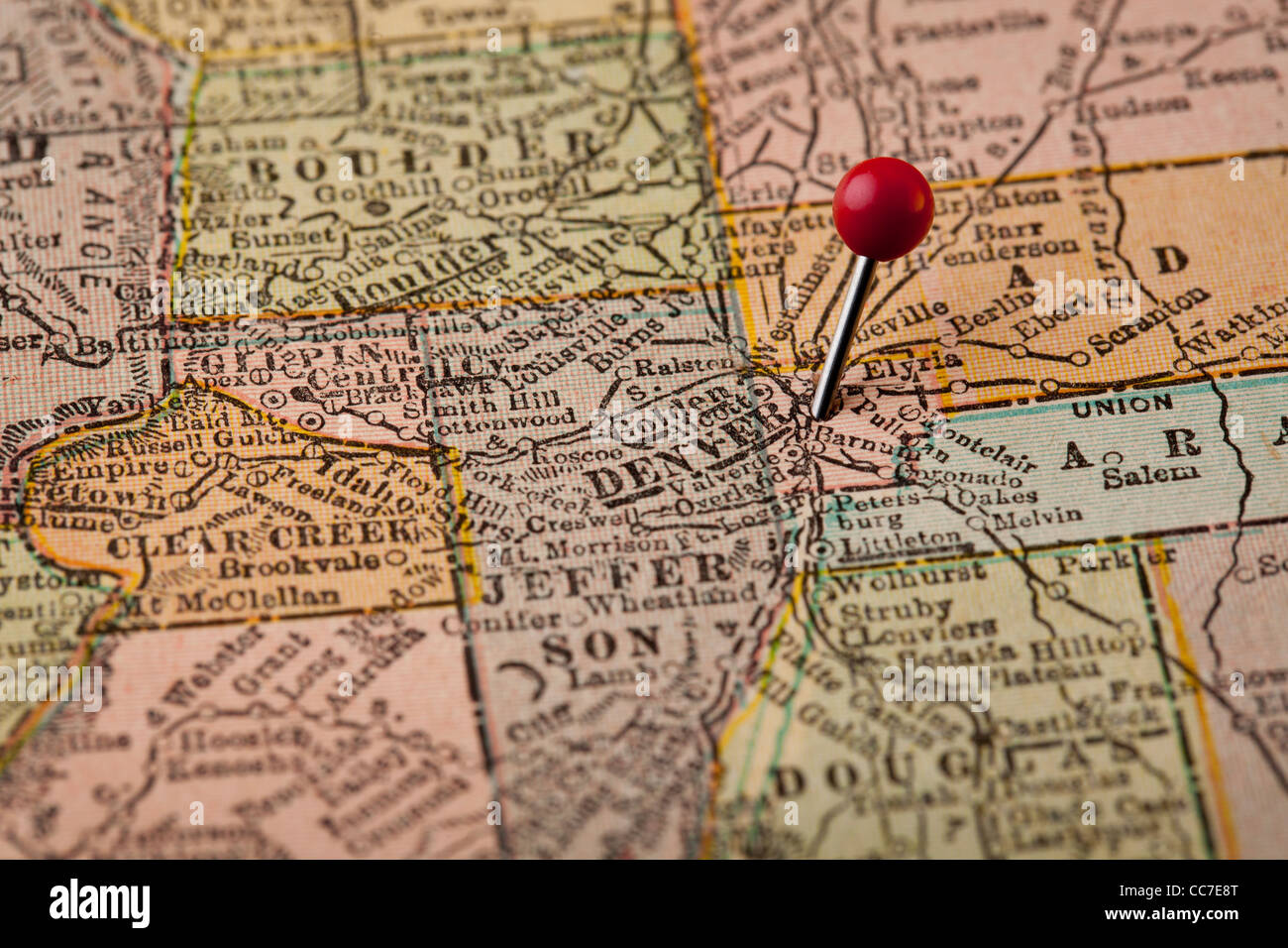 Denver on vintage 1920s map of Colorado with a red pushpin, selective ...