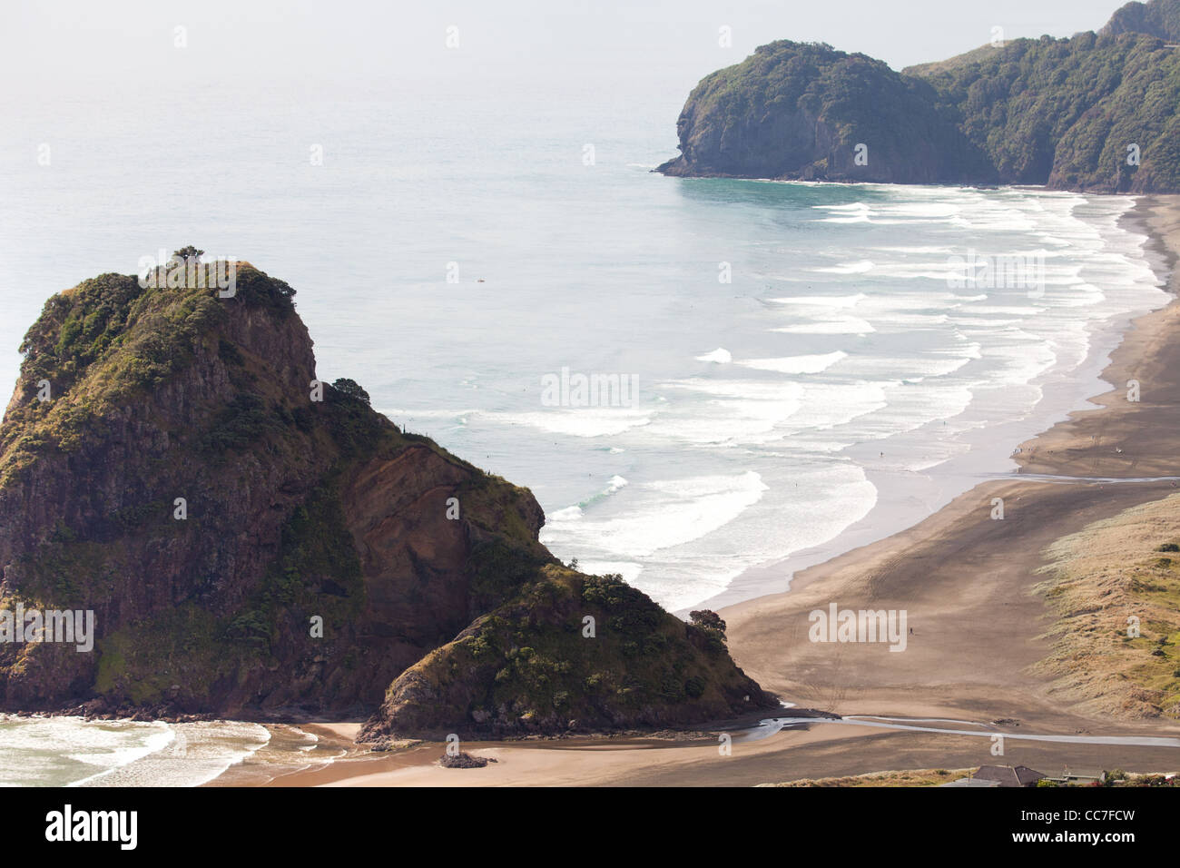 piha beach aerial Lion Rock black sands new zealand waitakere ranges ...