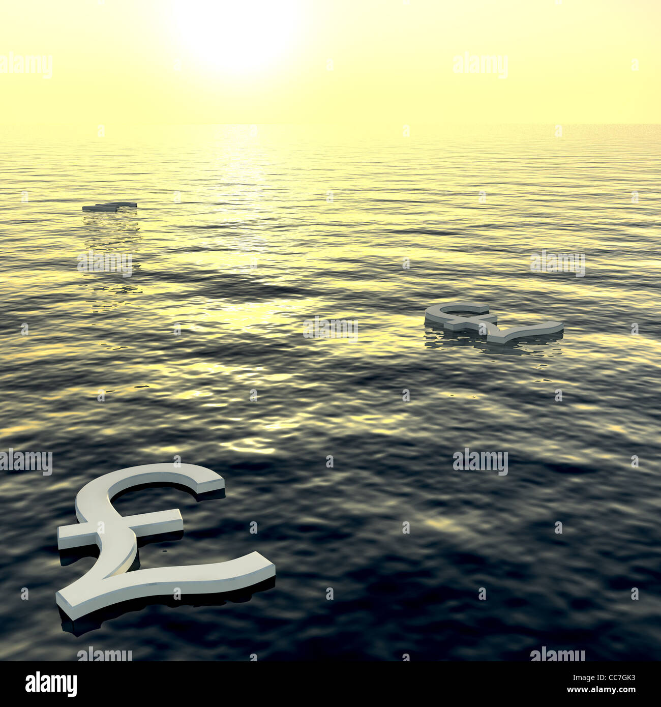 Pounds Floating To A Sunset Showing Money Wealth Or Earning Stock Photo ...