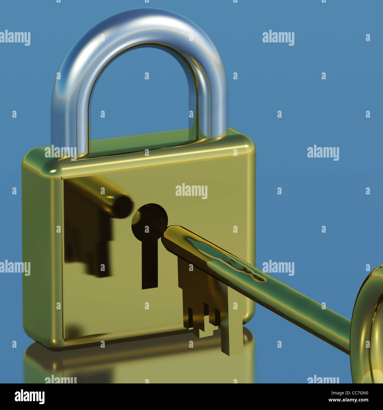 Padlock With Key Showing Security Protection Or Safety Stock Photo - Alamy