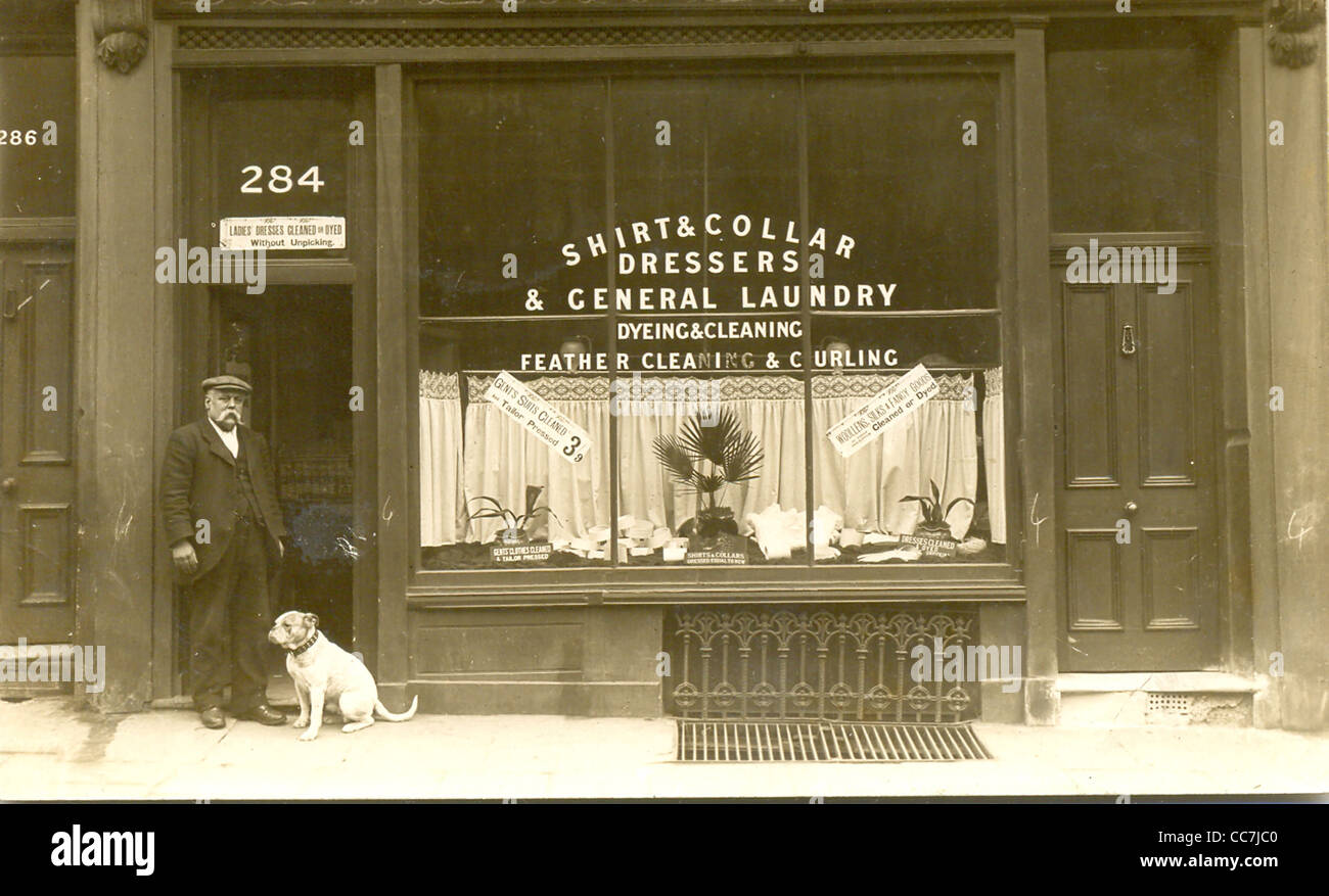 postcard of Edwardian laundry shop with owner Stock Photo - Alamy