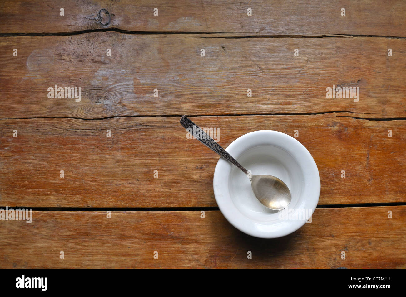 vintage wooden kitchen table with empty soup bowl Stock Photo - Alamy