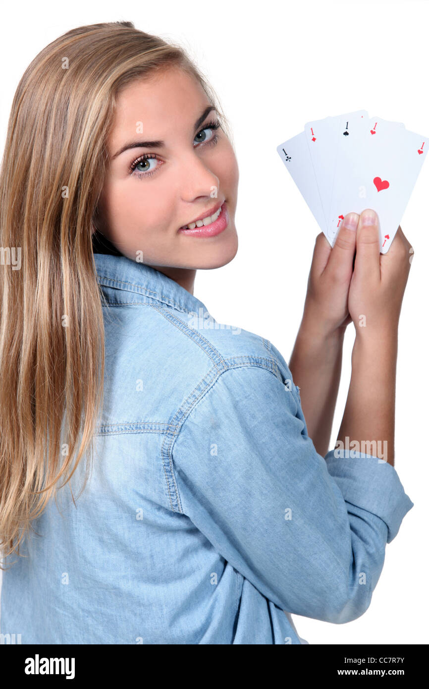 young girl with cards Stock Photo - Alamy