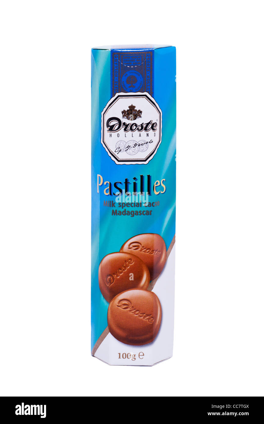 A packet of Droste milk chocolate pastilles from Holland on a white ...