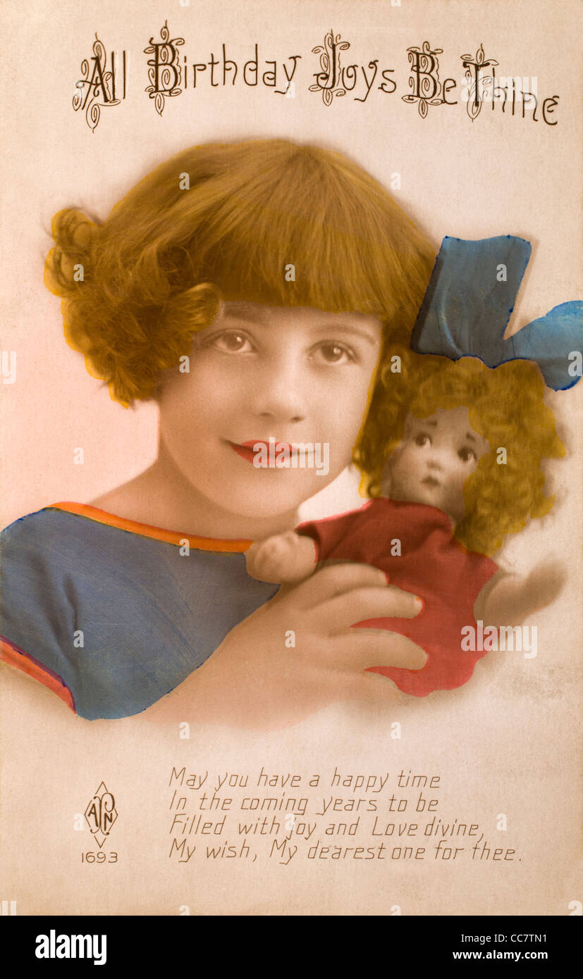 1920's Birthday card in the form of a postcard. Young girl with doll ...