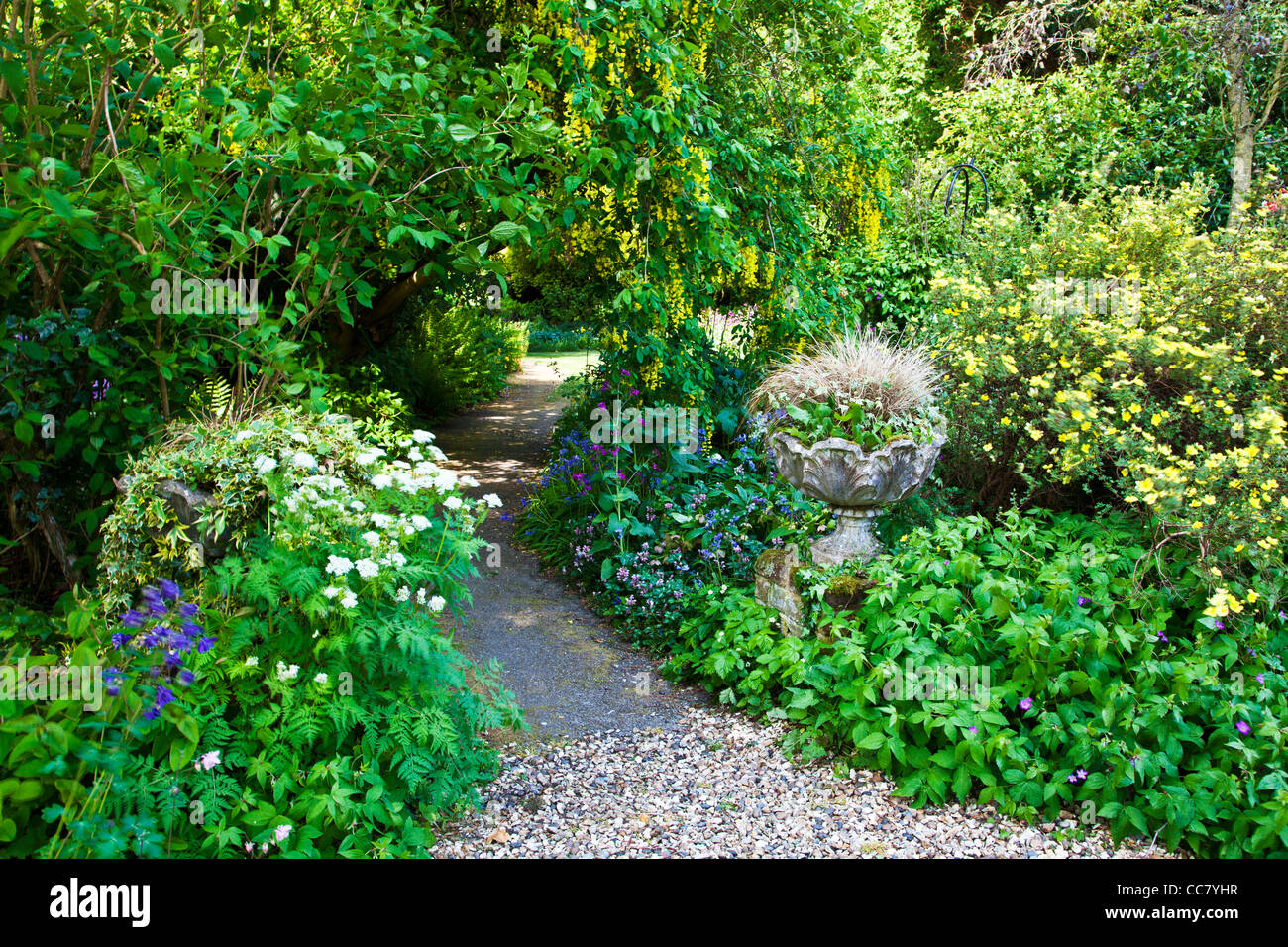 Pathway between shrub borders through an English country manor garden ...