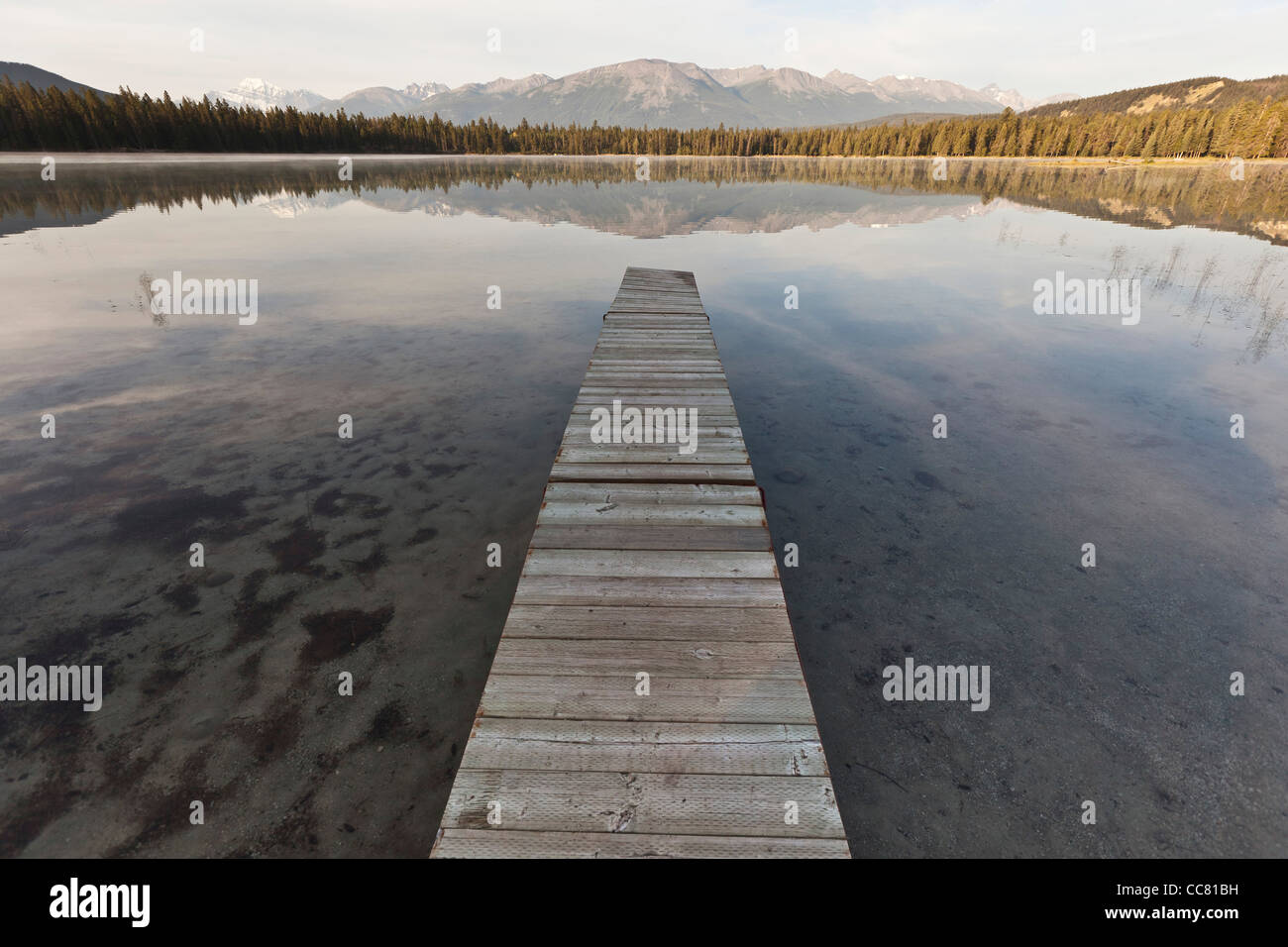 Dock on Lake Edith, Jasper National Park, Alberta, Canada Stock Photo ...