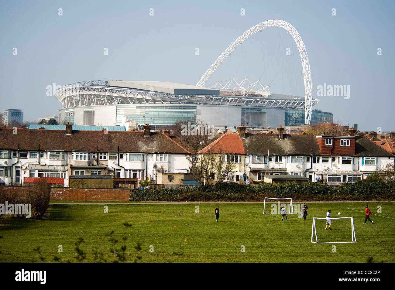 Wembley stadium seen from Brent River Park in the London borough of ...