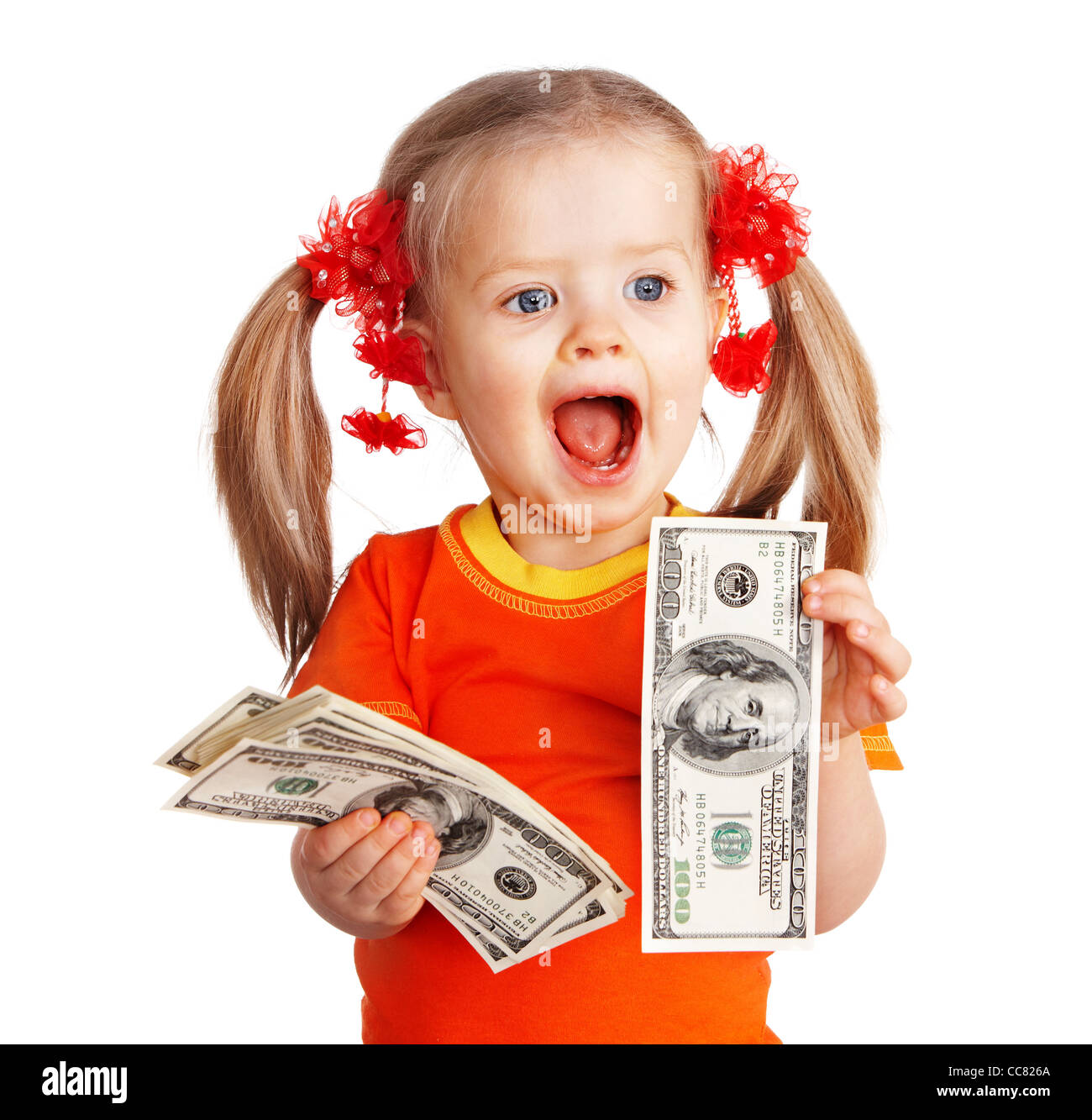 Child girl with money dollar banknote Stock Photo - Alamy