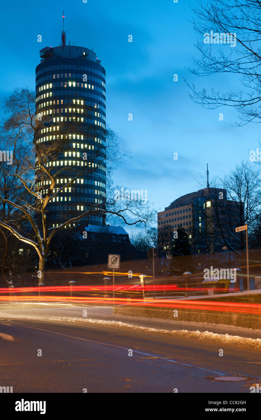JenTower, former university tower, landmark at night with light trails ...