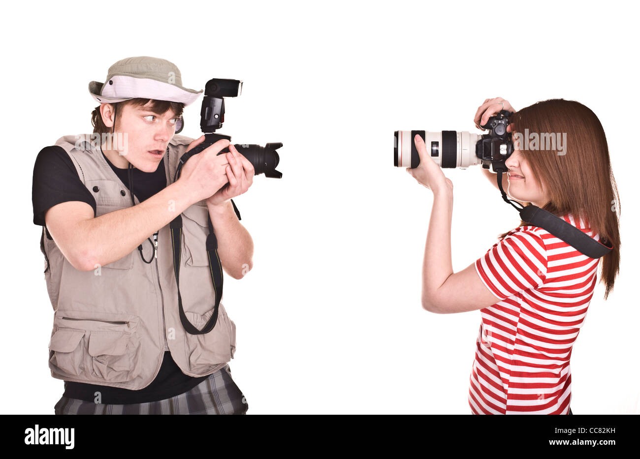 Photographer couple with digital camera Stock Photo - Alamy