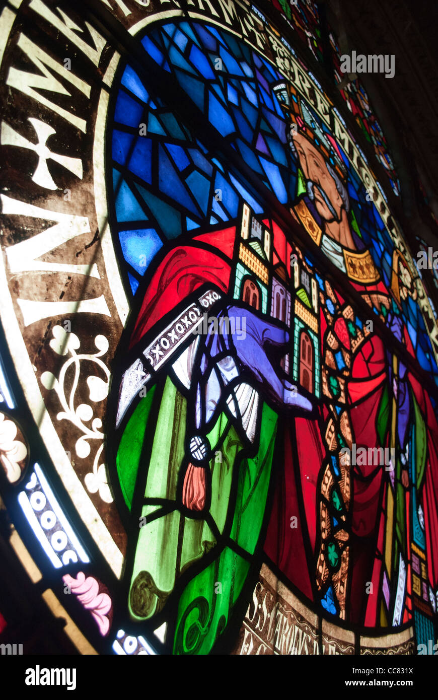 Detail of stained glass window in Lincoln Cathedral West Front showing ...