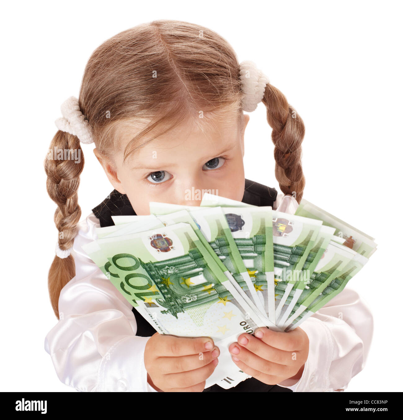 Sad child with money euro Stock Photo - Alamy