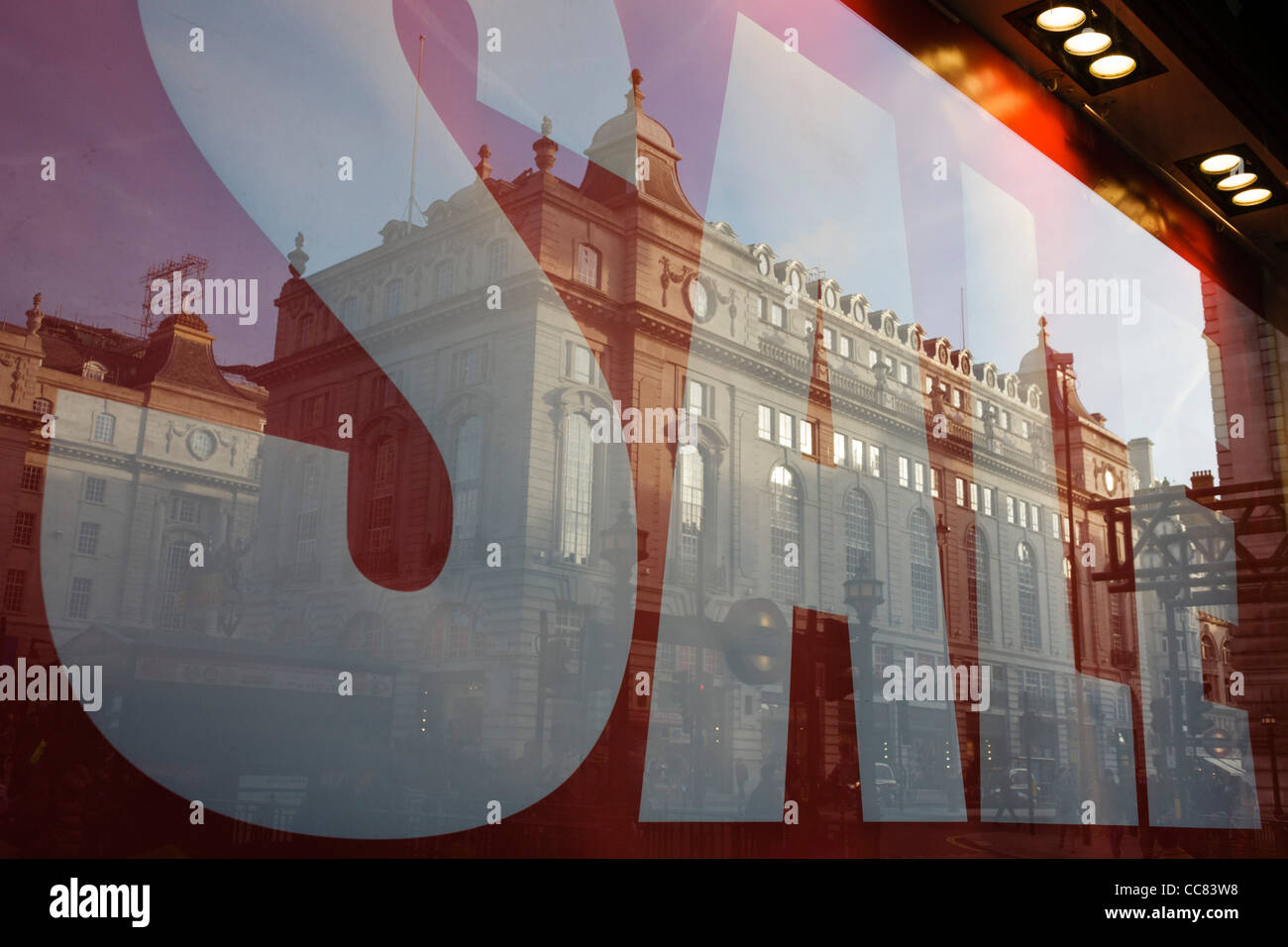 A Sale poster in Lillywhites window and reflected Regency architecture ...