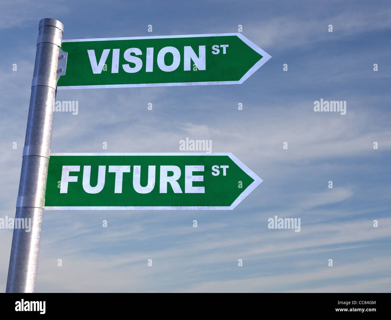 Green Road Sign directing to visions and to the Future Stock Photo - Alamy
