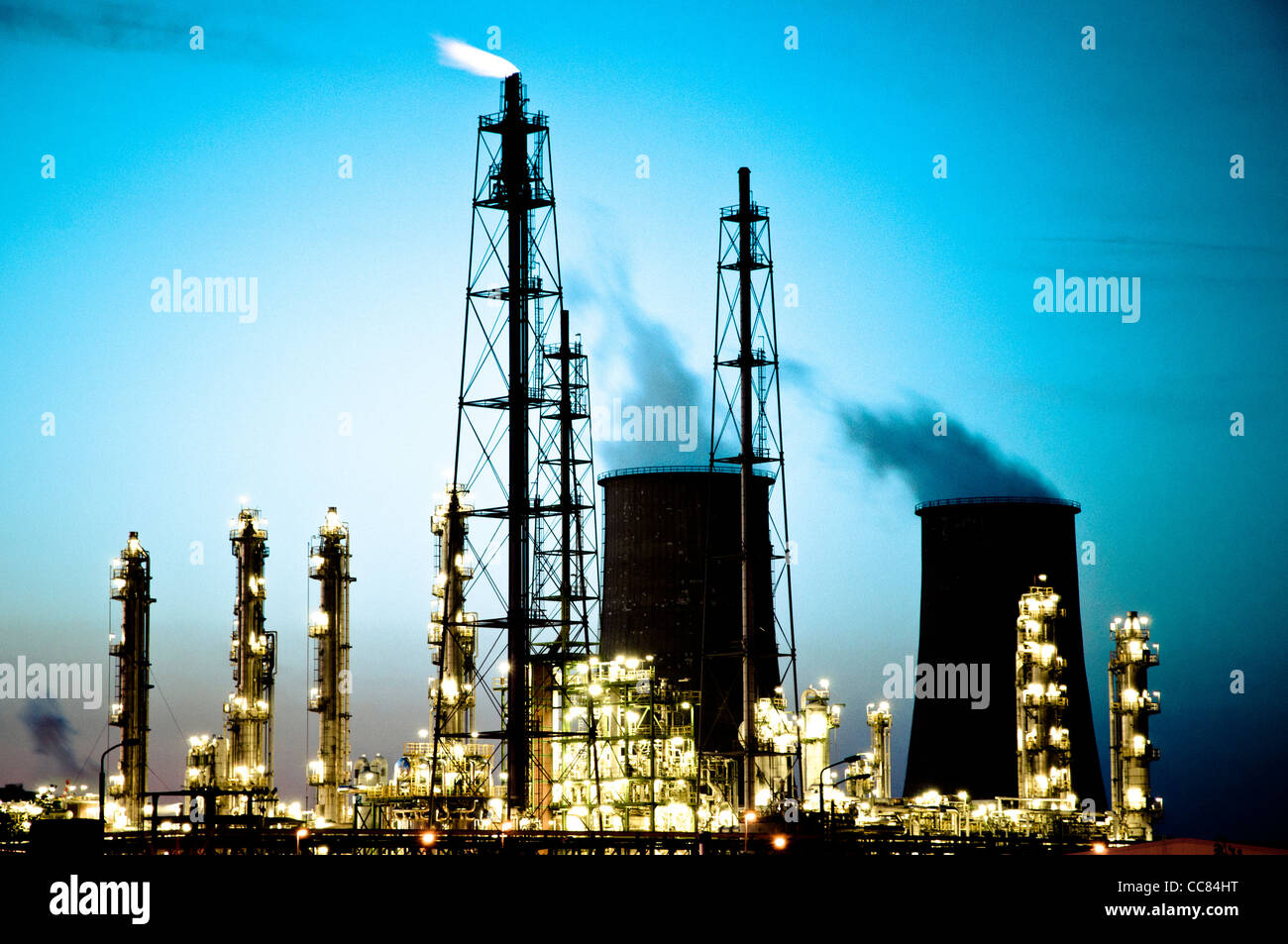 Leuna Works chemical plant at night, Leuna, Saxony-Anhalt, Germany ...