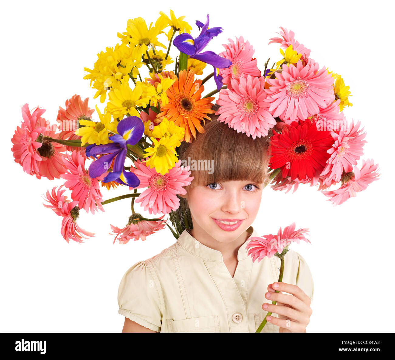 Happy child holding bunch of flowers Stock Photo - Alamy