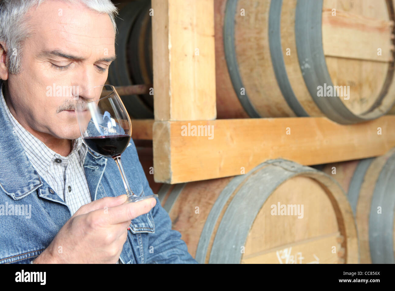 Man wine tasting in cellar Stock Photo - Alamy