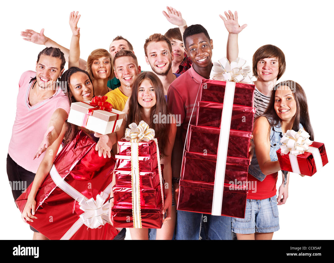 Group people giving gift box Stock Photo - Alamy