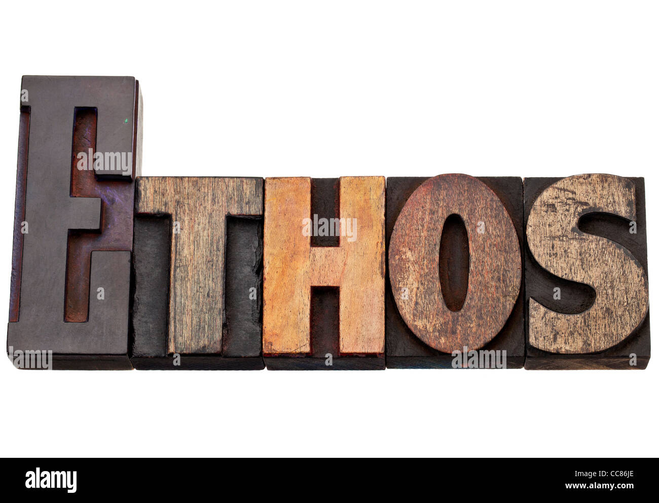 ethos - culture concept - isolated text in vintage wood letterpress ...