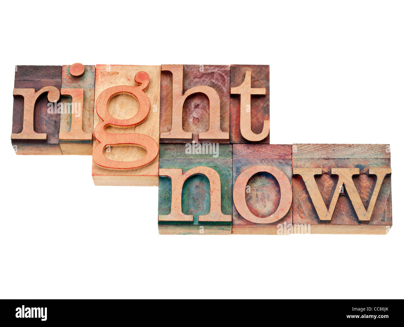 right now - action concept - isolated text in vintage wood letterpress ...