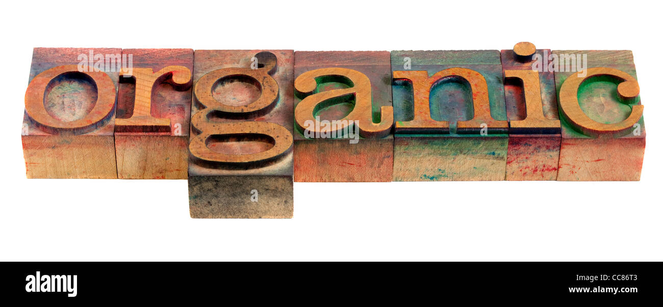 organic word - vintage wooden letterpress printing blocks stained by ...