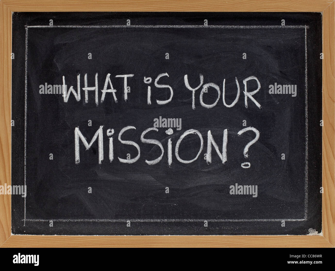 what is your mission question - white chalk handwriting on blackboard ...