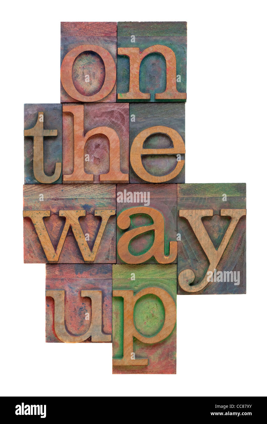 On the way up - phrase in vintage letterpress wooden printing blocks ...