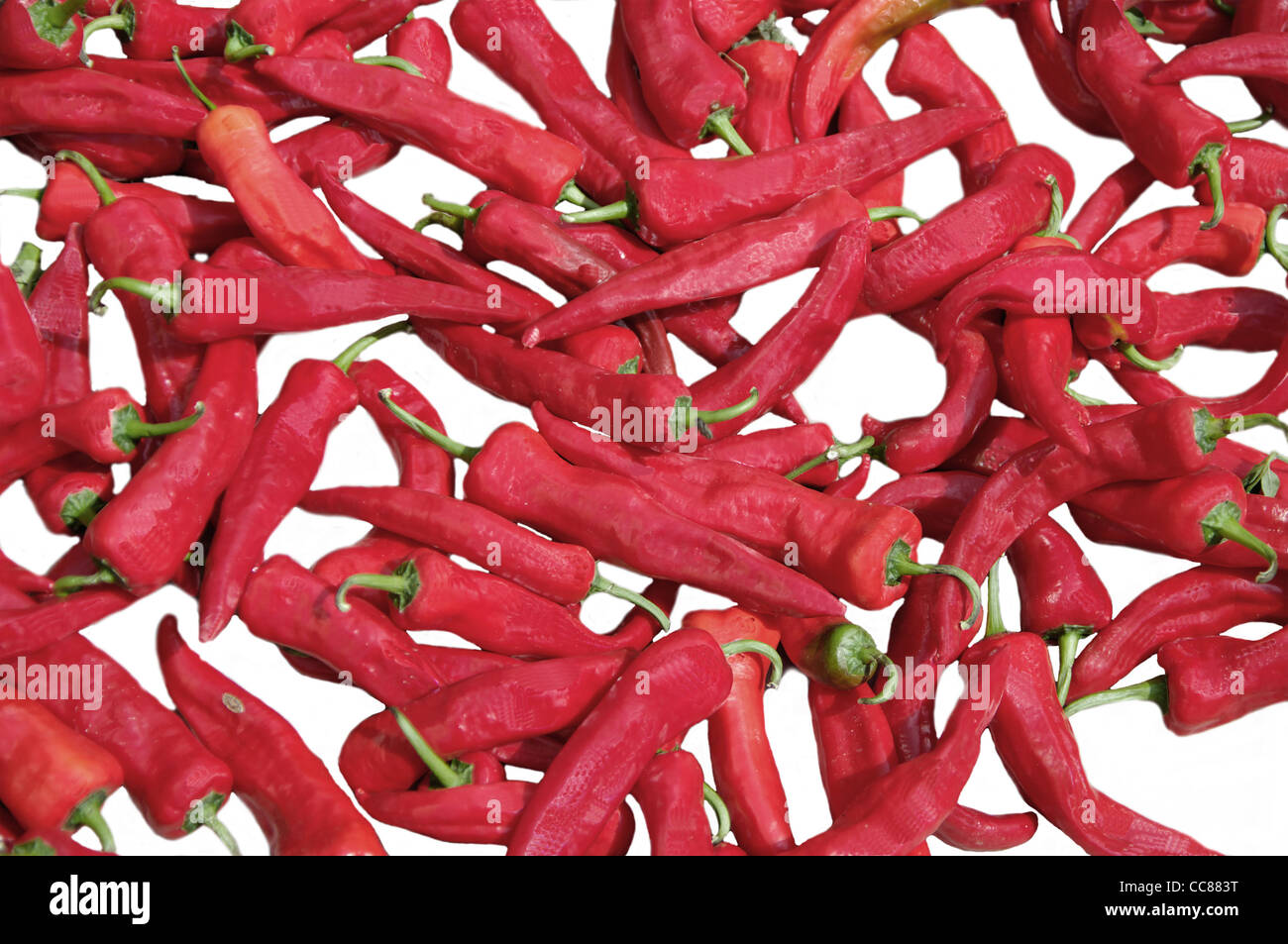 a pile of long red chillies at the vegetables market Stock Photo - Alamy