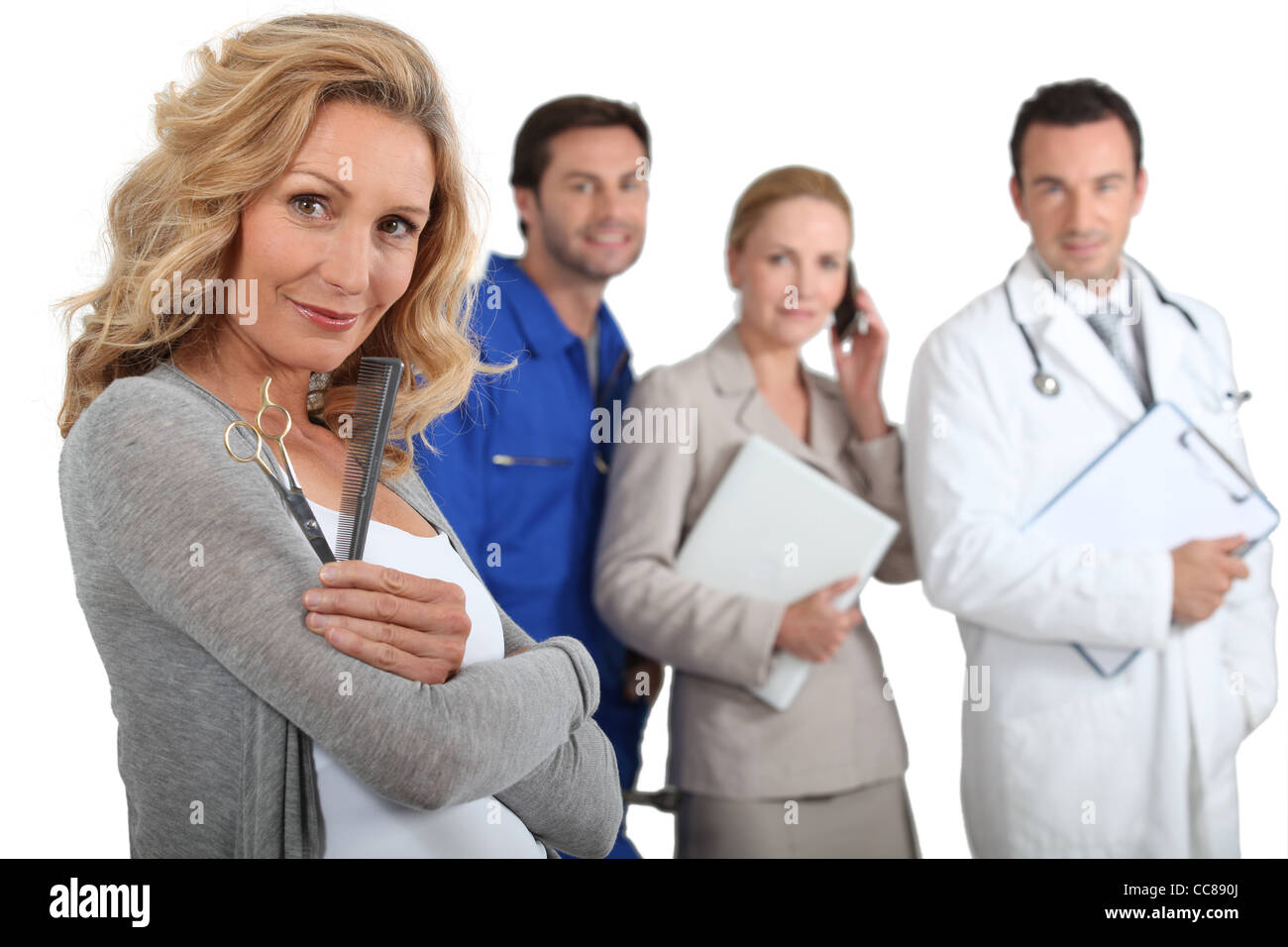 Hairdresser, mechanic, doc and secretary Stock Photo - Alamy