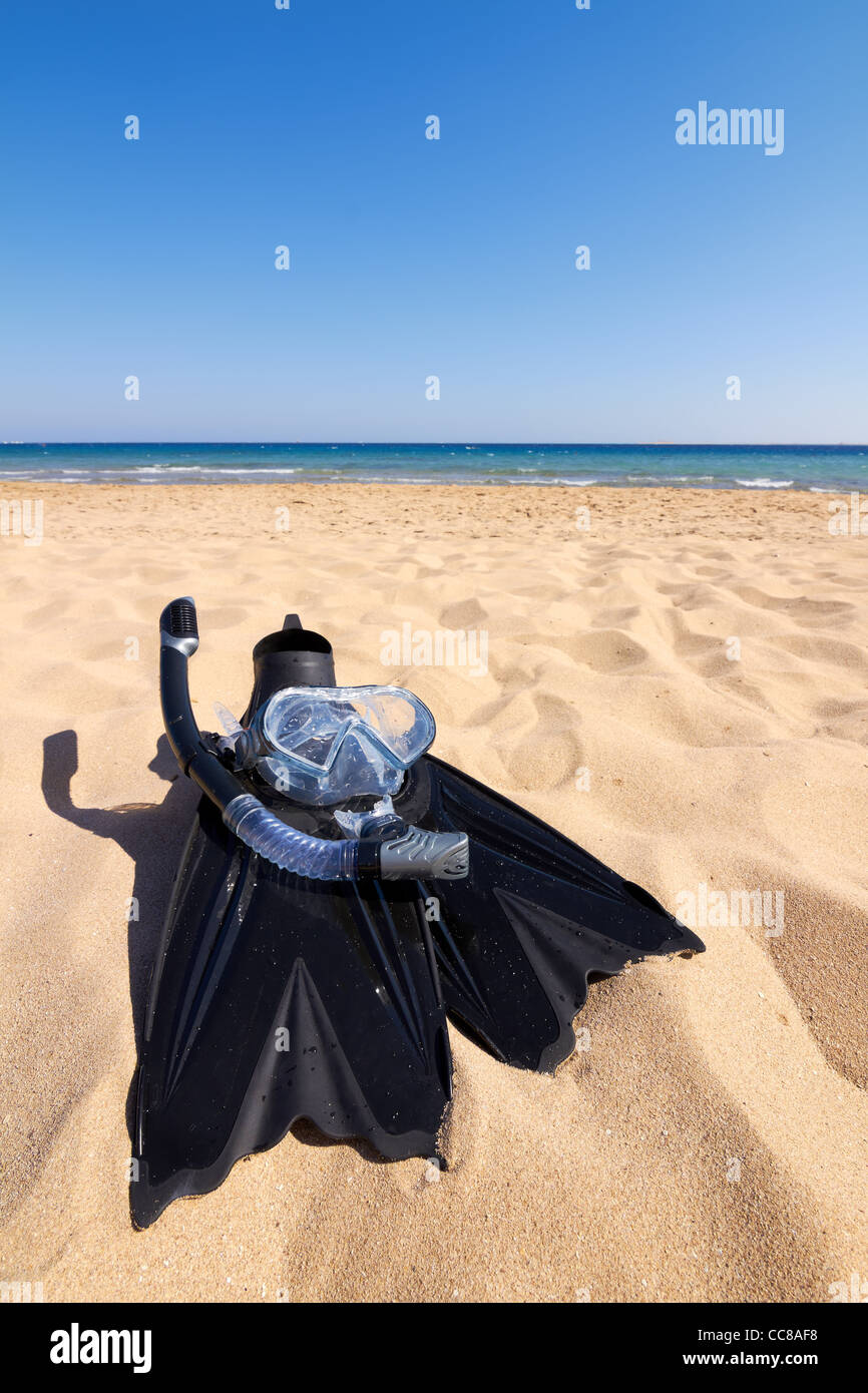 Flippers, mask and snorkel lying on sandy beach Stock Photo - Alamy