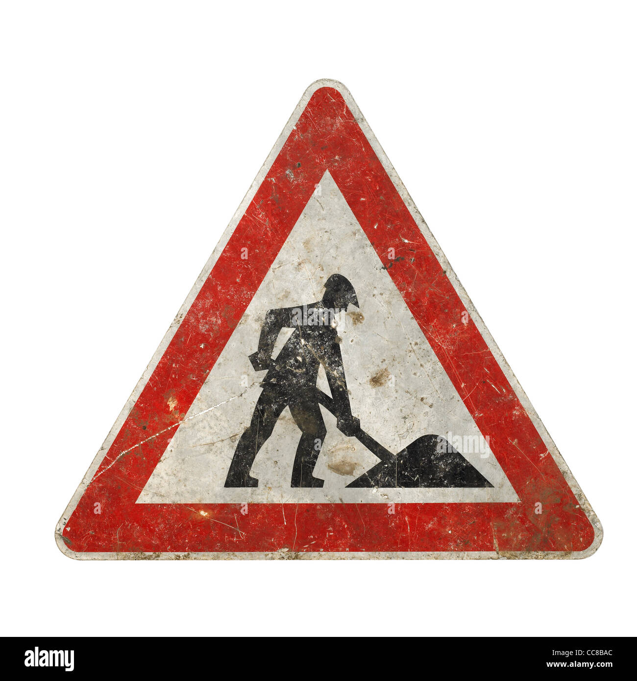 frontal studio photography of a old scruffy construction sign showing a ...