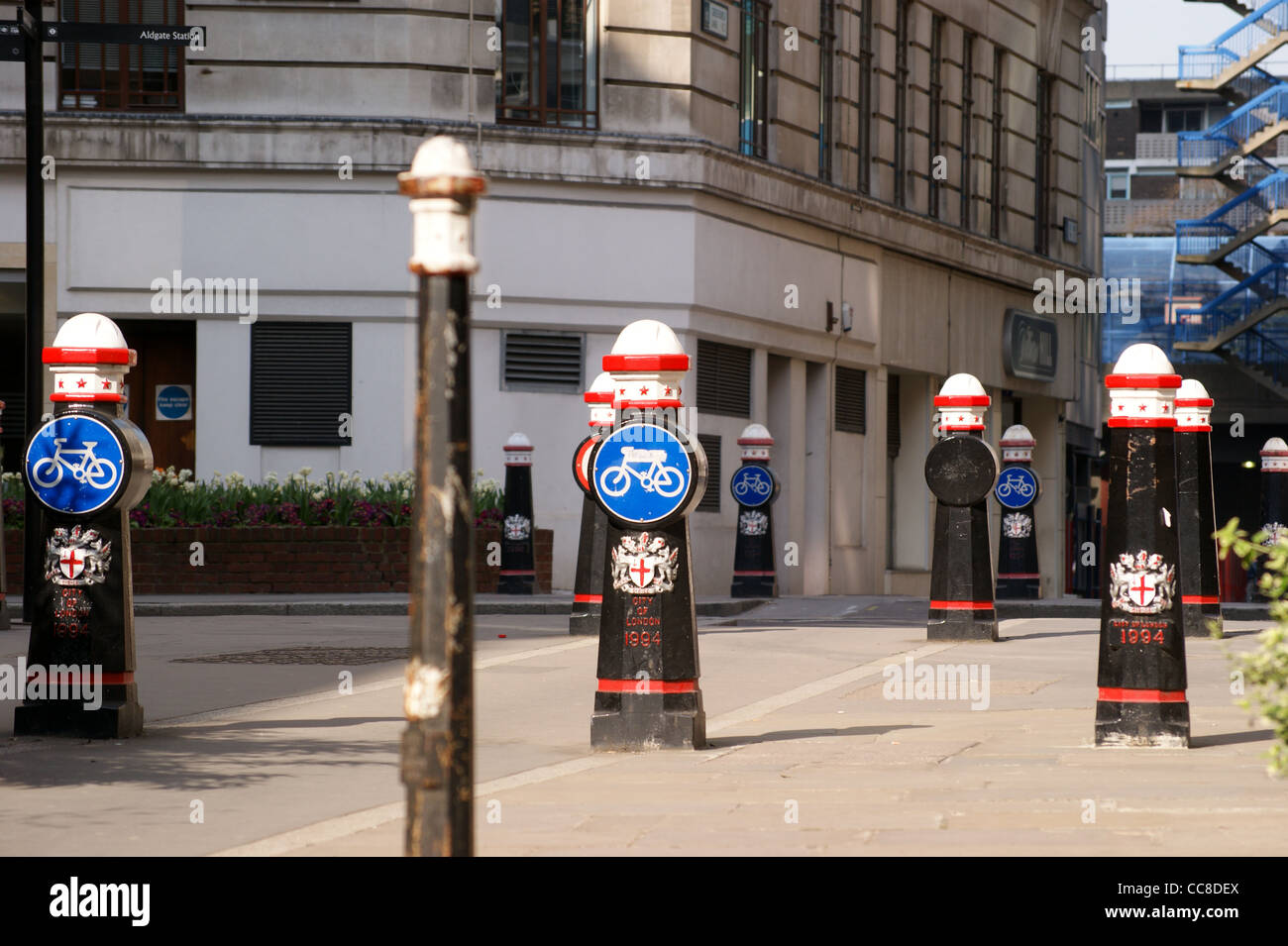 Cycle path signs with the City coat of arms in the City of London ...
