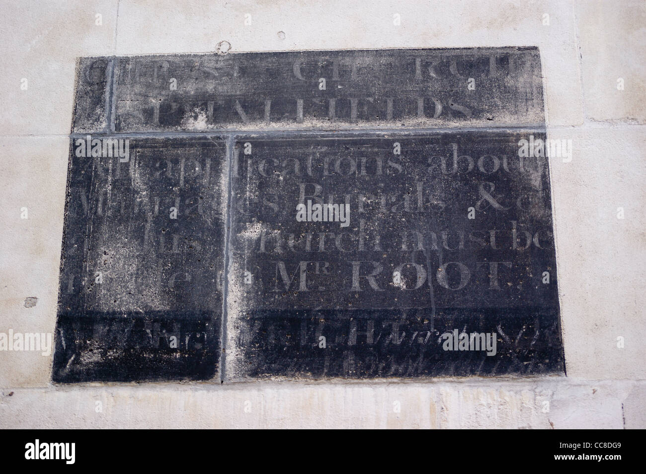 Old Georgian sign on the wall of Christ Church, Spitalfields, East End ...
