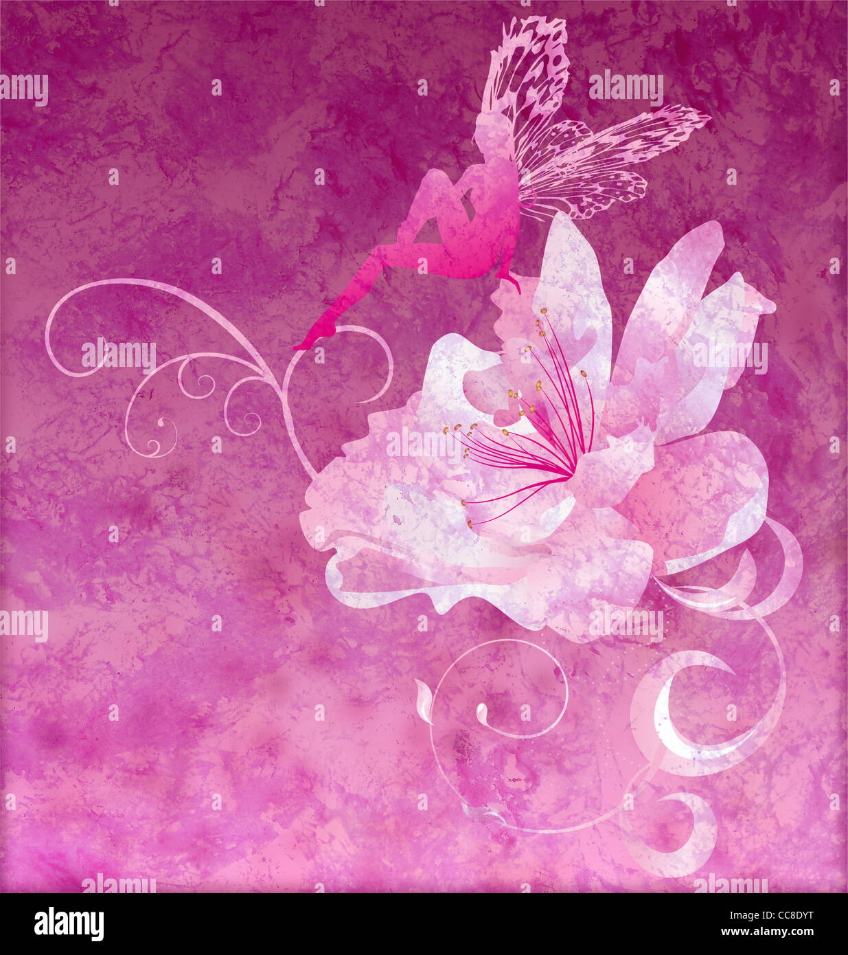 pink little flower fairy on the dark magenta spring or summer grunge ...