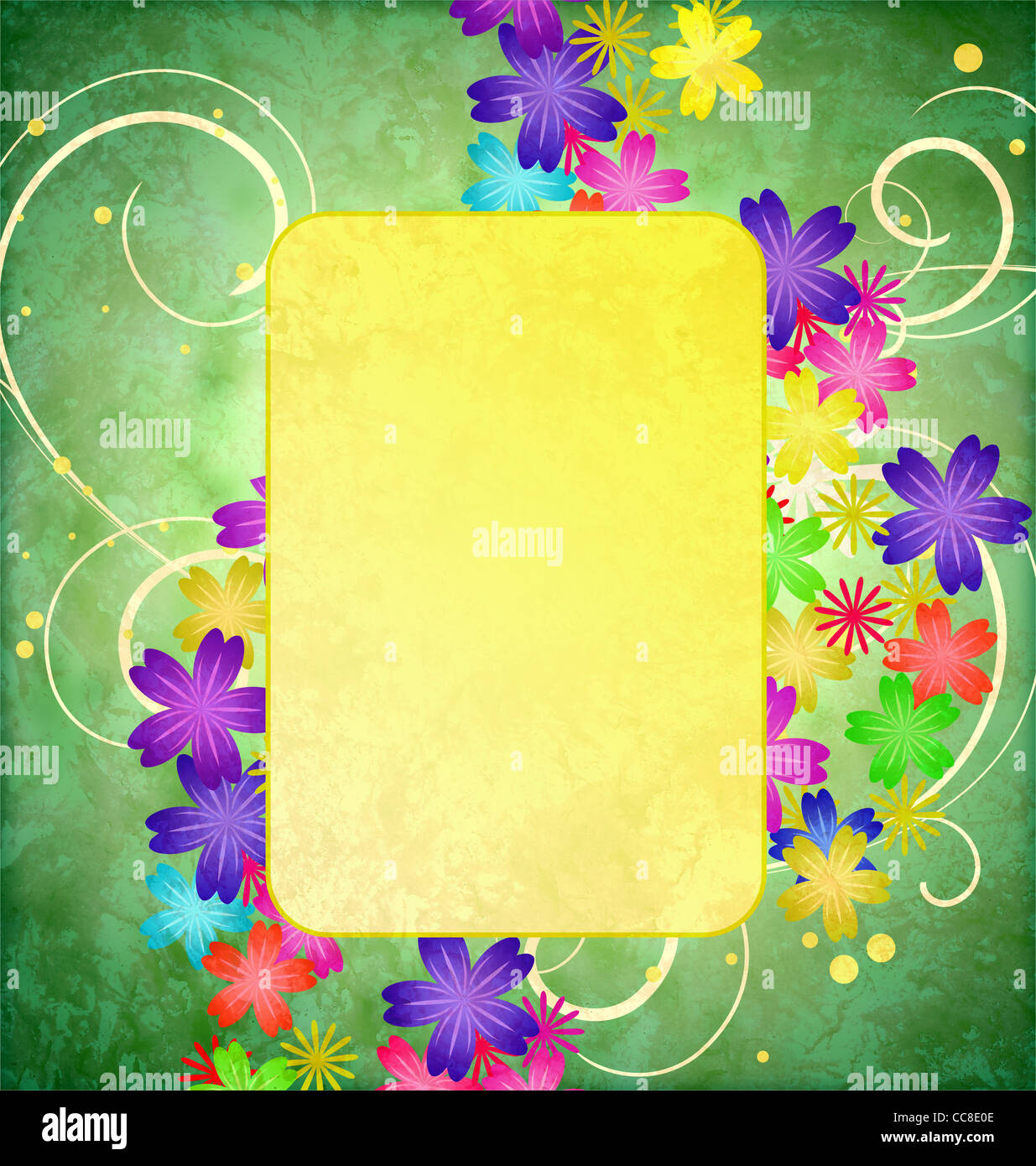 colorful flowers flourishes frame on green grunge background vintage ...