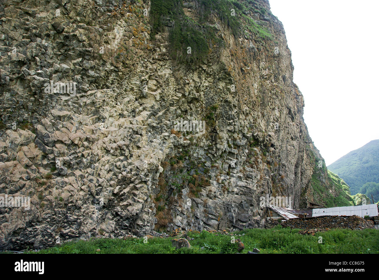 Georgia, Georgian military Highway, Hexagonal rocks in a mountain side ...