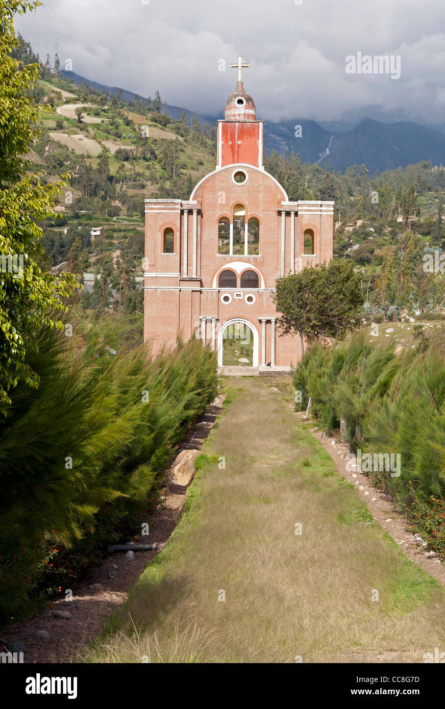Yungay church remains with view of the peruvian Andes, cordillera ...