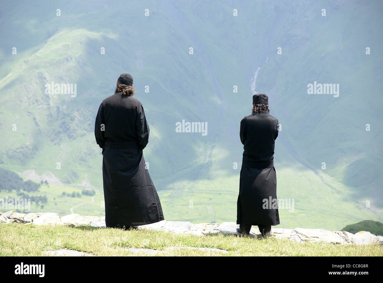 Georgia, Monks at the 14th century Gergeti Trinity Church (Tsminda ...