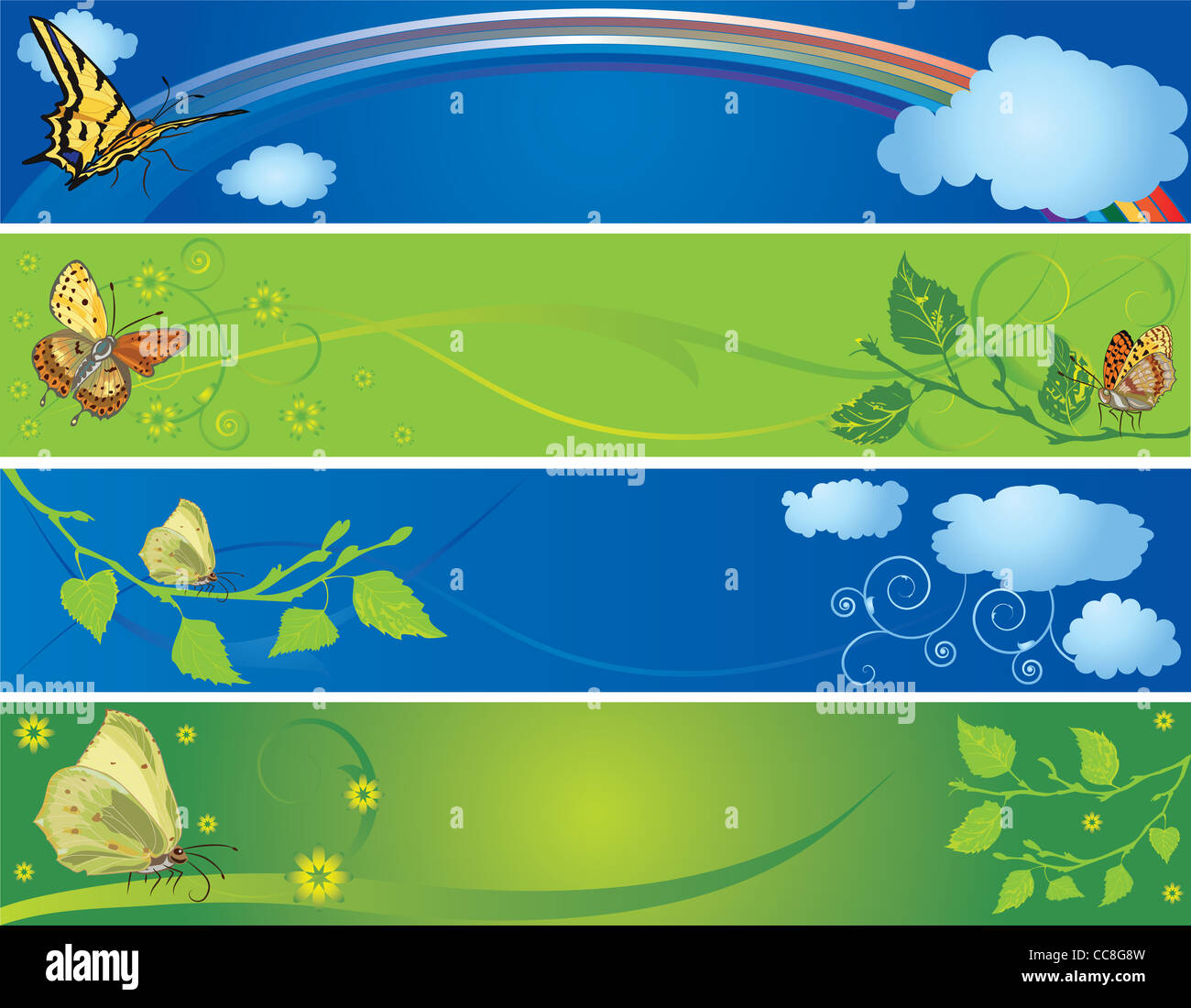 set of spring and summer banners with butterflies, clouds and rainbow ...