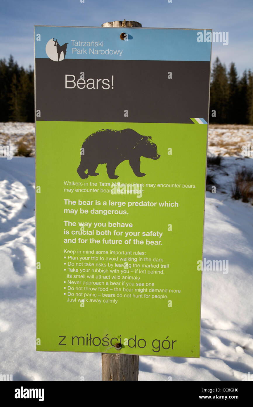 Warning Sign Wild Bears, Tatra Mountains, Near Zakopane, Poland Stock ...