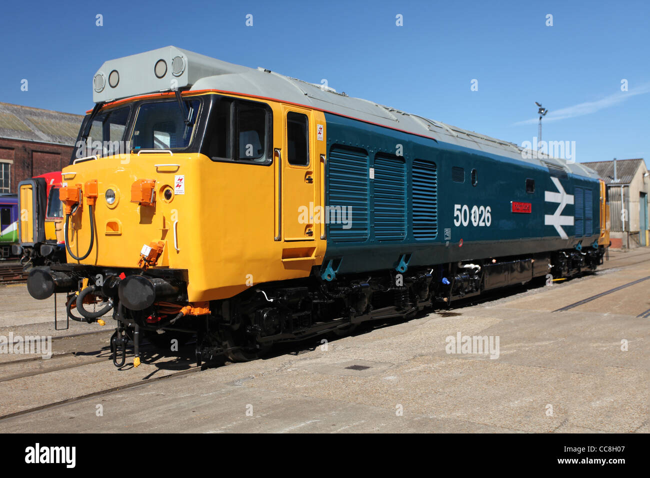 Preserved Class 50 diesel locomotive 50026 Indominatable at Eastleigh ...