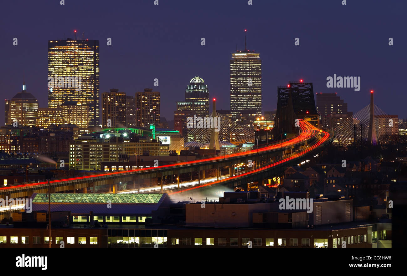 Tobin Bridge, Zakim Bridge, and Back Bay of Boston at Night Stock Photo ...